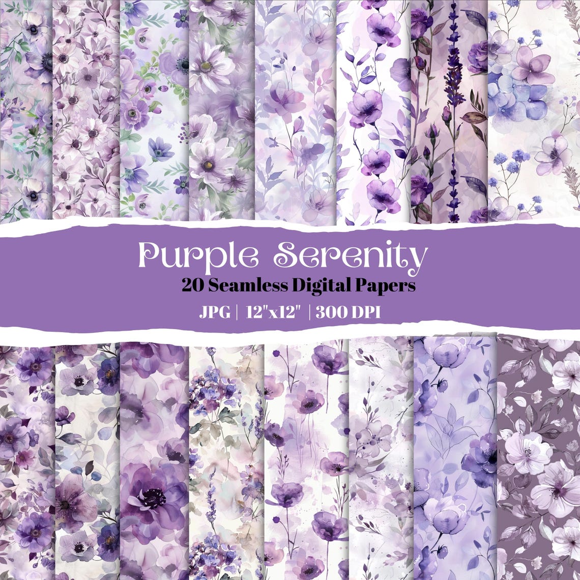 Purple Watercolor Floral Digital Paper Set, Seamless Minimalist Flower ...