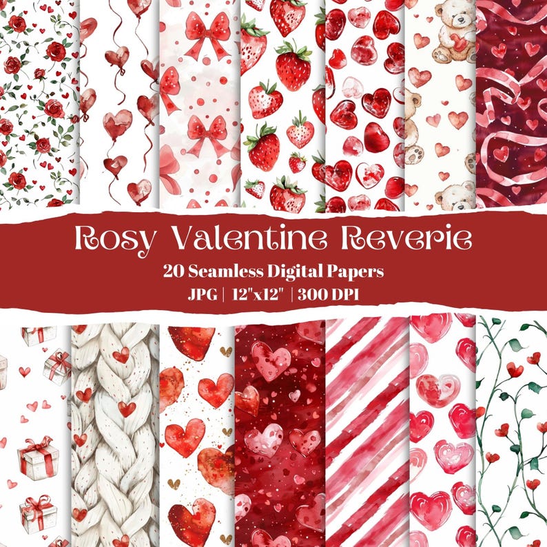 Rosy Valentine Reverie, 20 Watercolor Valentine Digital Papers, Heart ...
