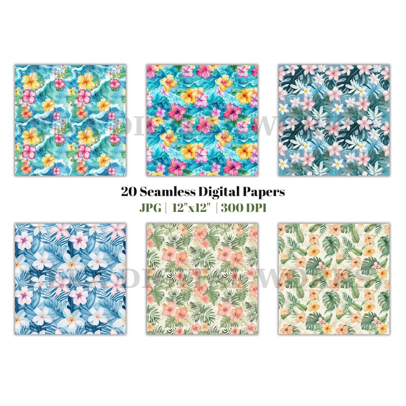 Watercolor Tropical Floral Digital Seamless Paper, Hawaiian Flowers Pattern, Hibiscus Digital ...