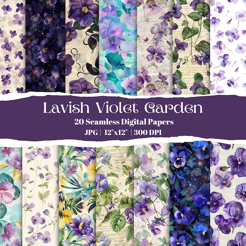 Violet Floral Digital Paper Set, Seamless Violets Pattern, Purple ...
