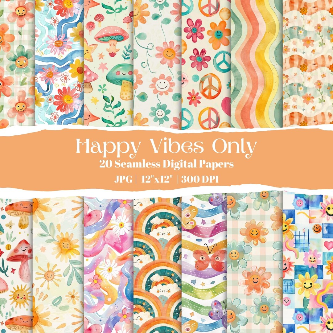 Retro Digital Paper Pack: Smiley Faces, Rainbows, Sunflowers (digital ...