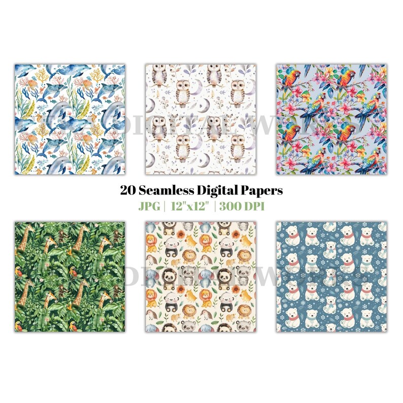 20 Seamless Animal Digital Paper Bundle, Jungle, Ocean & Forest Baby ...