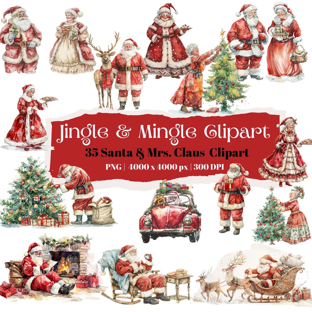 Watercolor Christmas Clipart Bundle, Santa & Mrs. Claus Christmas ...