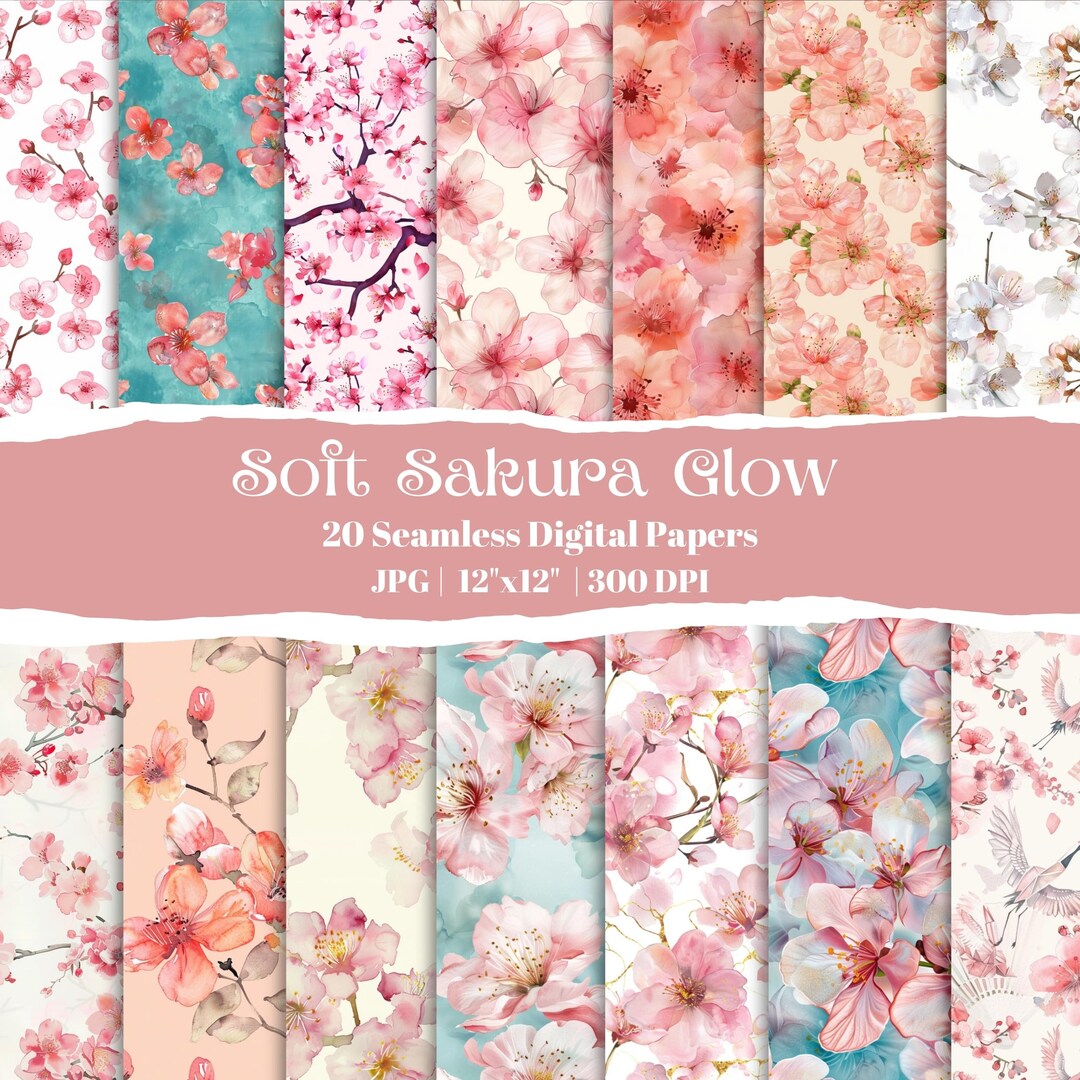 Soft Sakura Glow, 20 Seamless Cherry Blossom Digital Papers, Pink ...