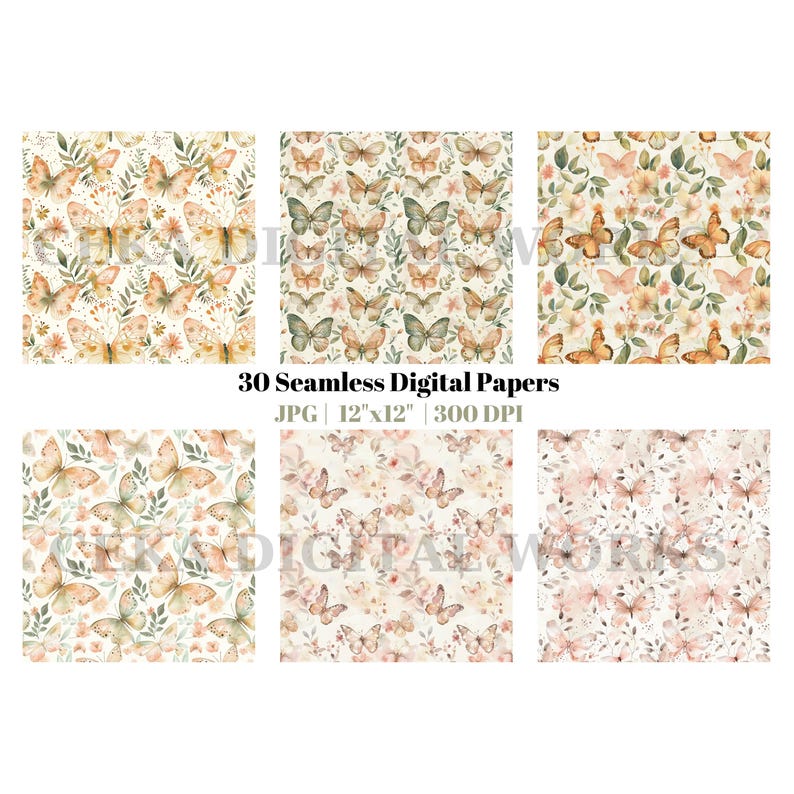 Watercolor Butterfly Digital Paper Pack, Seamless Floral Patterns, 30 ...