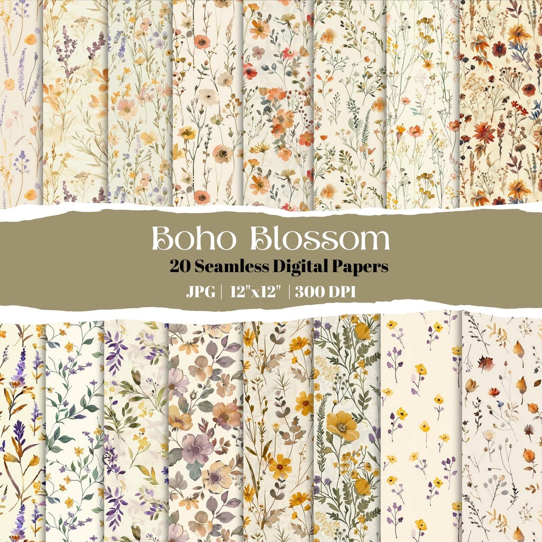 Watercolor Boho Floral Digital Paper: Seamless Wildflower Patterns ...