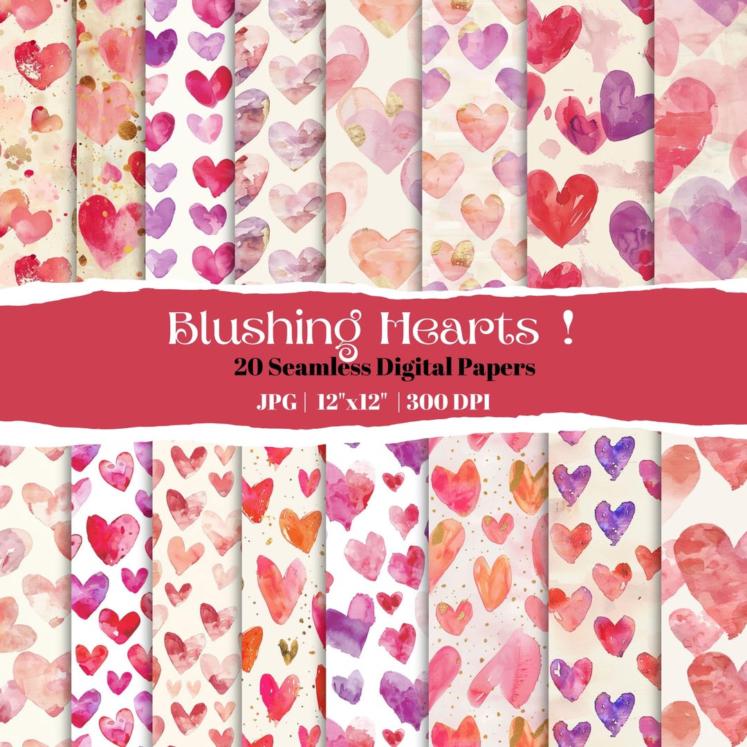 Watercolor Heart Digital Paper Pack, Seamless Valentine’s Day ...