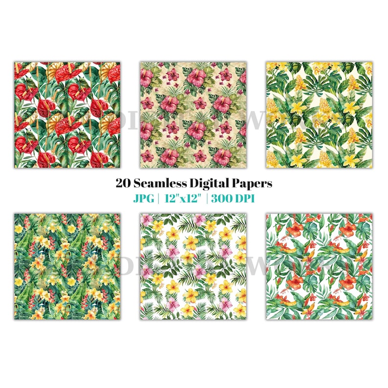 Tropical Flower Digital Paper Bundle, Exotic Seamless Patterns With ...