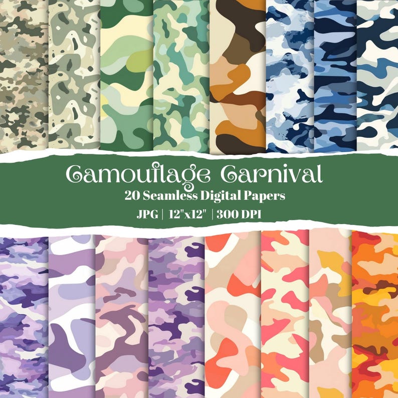 Colorful Camouflage Digital Paper Pack, Seamless Military Camo Patterns ...