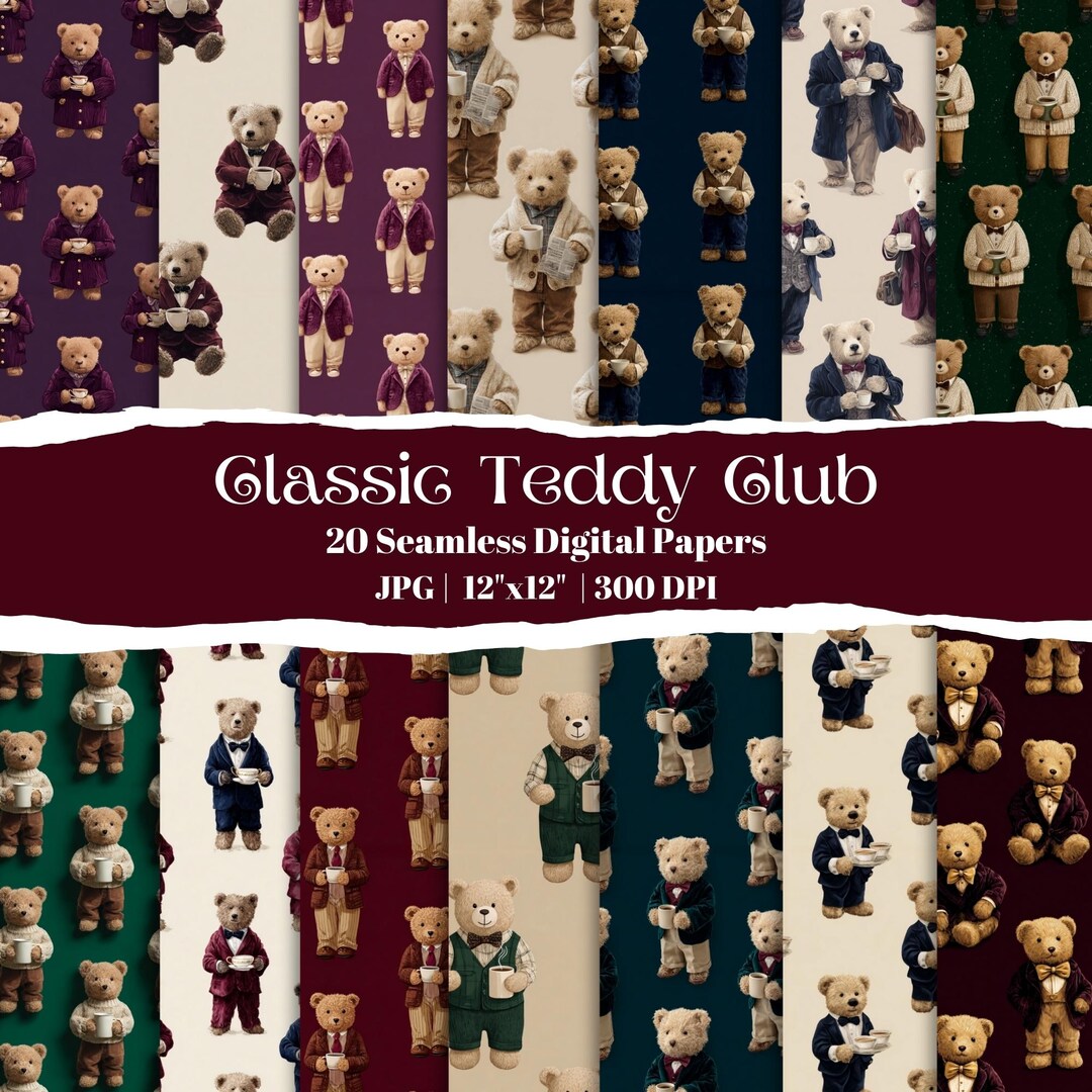 Classic Teddy Bear Seamless Digital Paper Pack, Vintage Teddy Wrapping ...