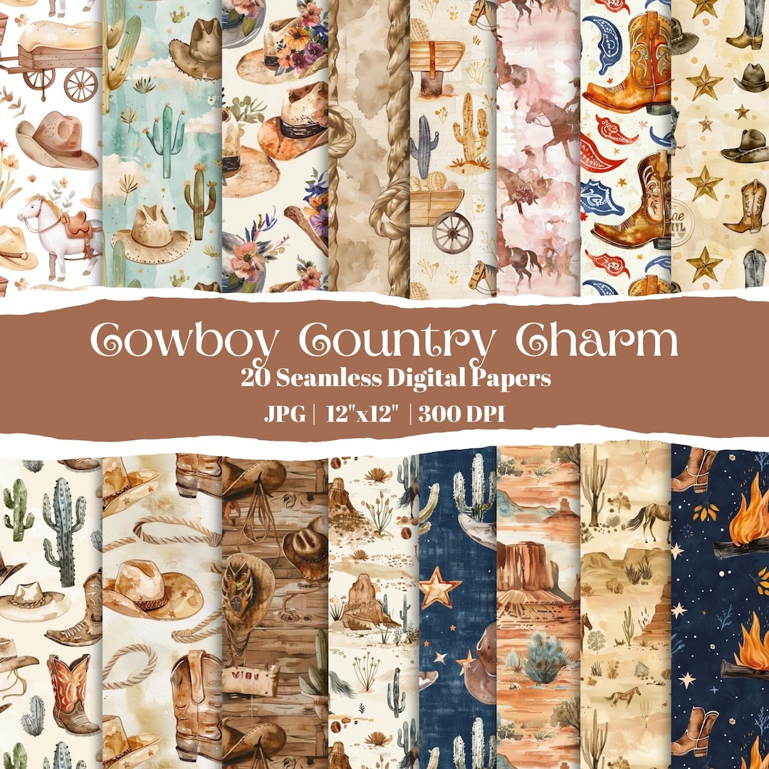 Cowboy Digital Paper Pack, Western Seamless Patterns, Country Rodeo ...