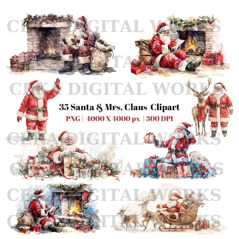 Watercolor Christmas Clipart Bundle: Santa & Mrs. Claus, 35 Vintage ...