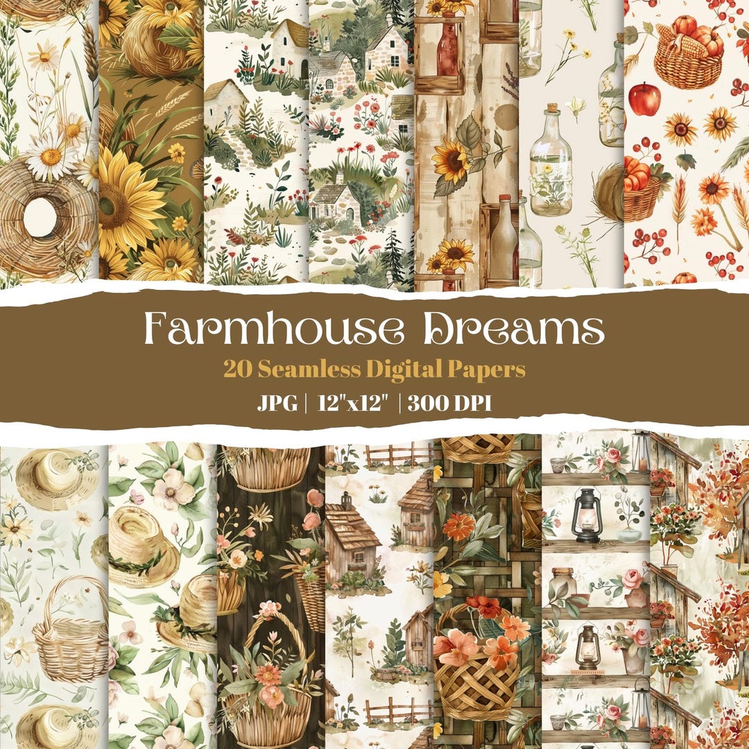 Rustic Farmhouse Digital Paper, Seamless Patterns With Wood, Hay Bales ...