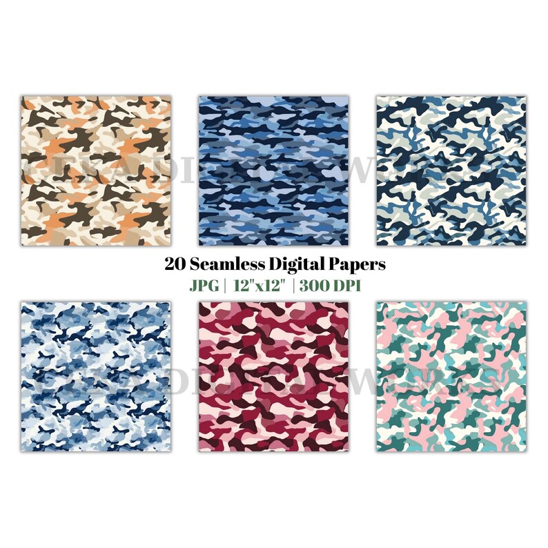Colorful Camouflage Digital Paper Pack, Seamless Military Camo Patterns ...