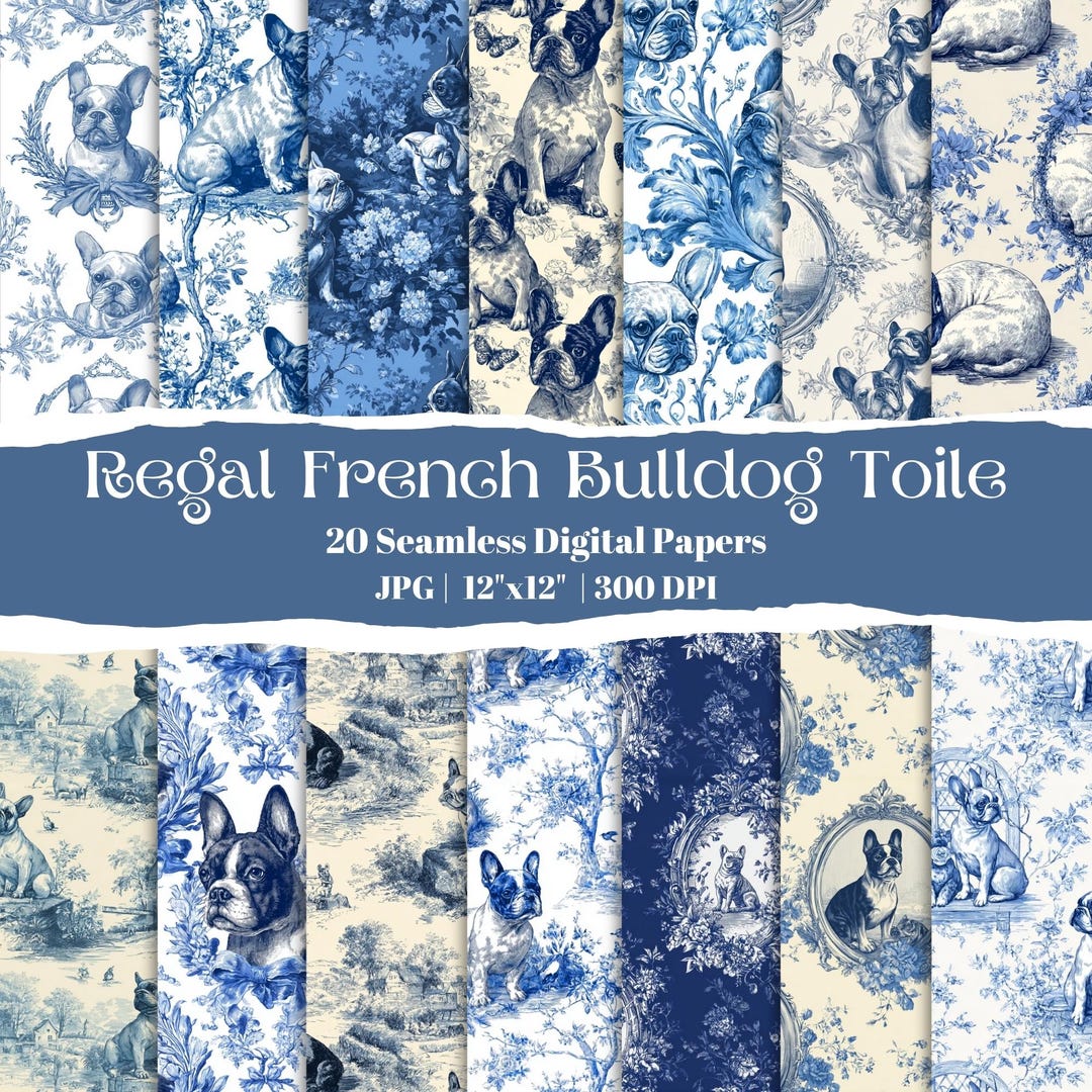 Regal French Bulldog Toile, 20 Seamless Digital Papers, Blue Toile De ...