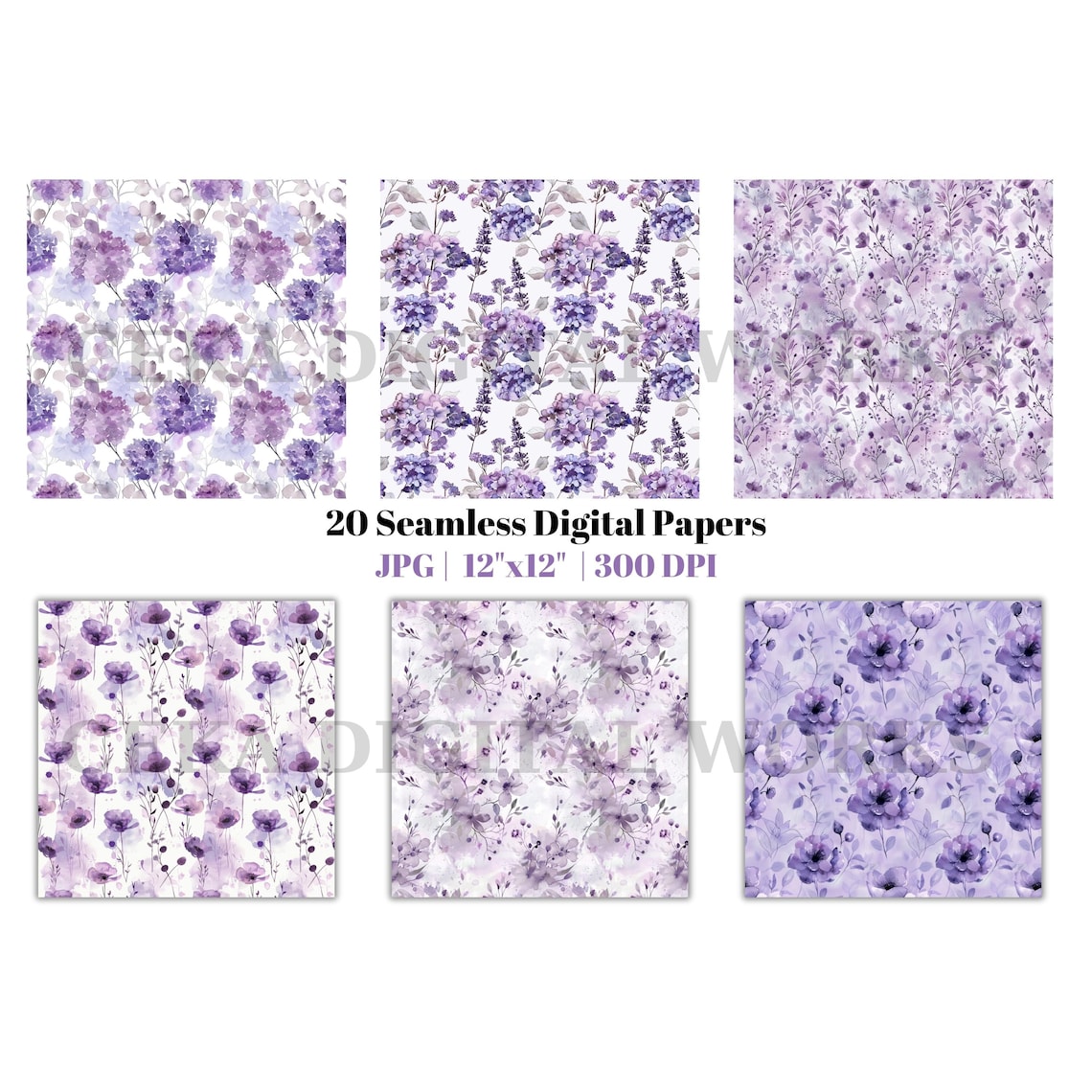 Purple Watercolor Floral Digital Paper Set, Seamless Minimalist Flower ...
