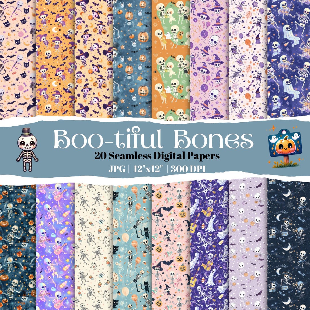 Watercolor Halloween Skeleton Digital Paper Pack, 20 Seamless ...