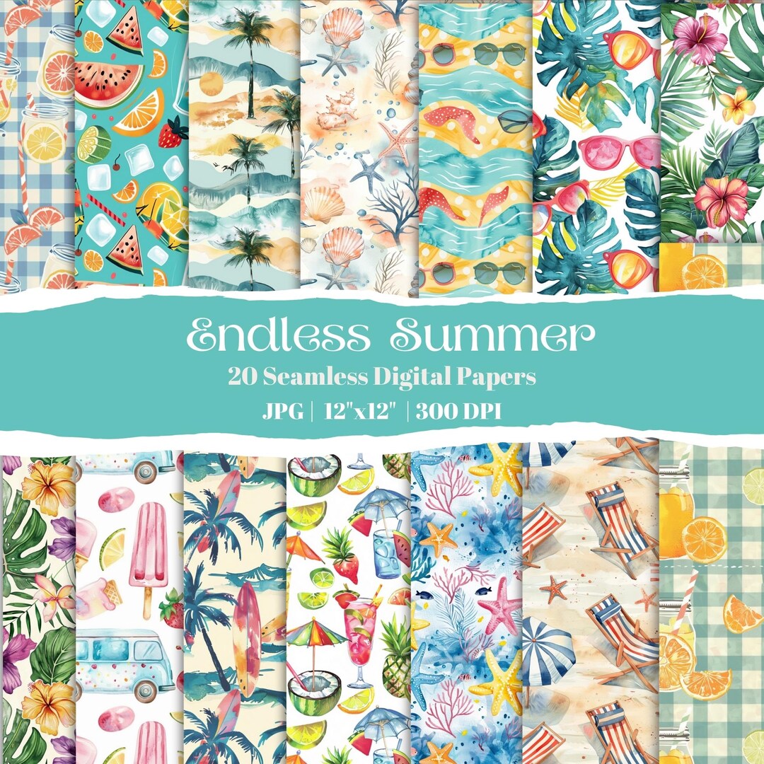 Tropical Summer Digital Paper, Beach Seamless Patterns, Watercolor Palm ...