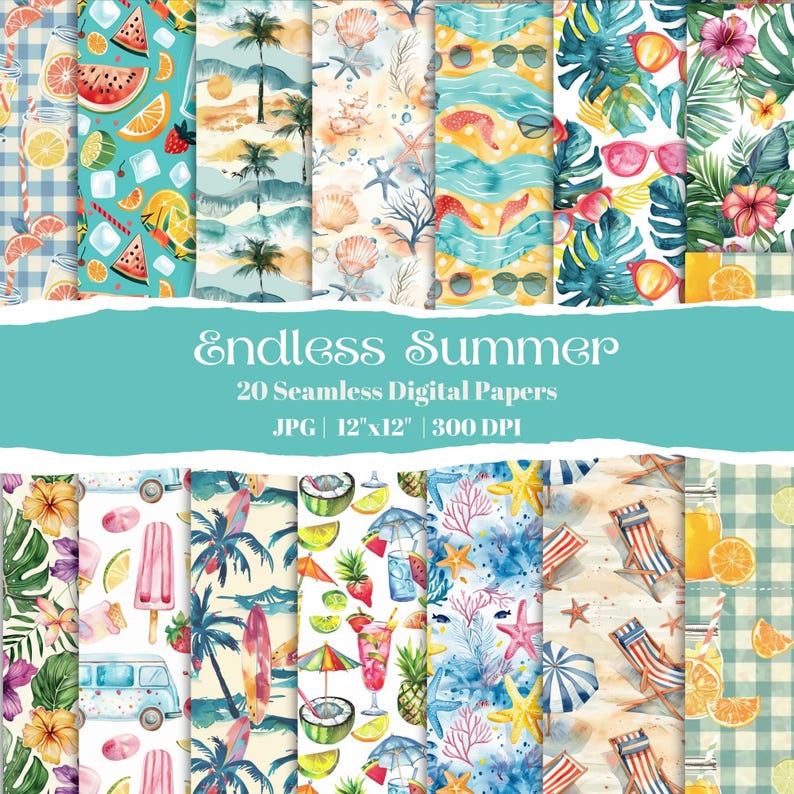 Tropical Summer Digital Paper, Beach Seamless Patterns, Watercolor Palm ...