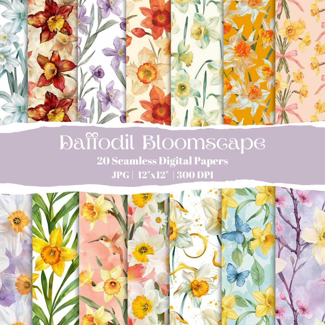 Daffodil Seamless Digital Paper Set, Spring Yellow Floral Backgrounds ...