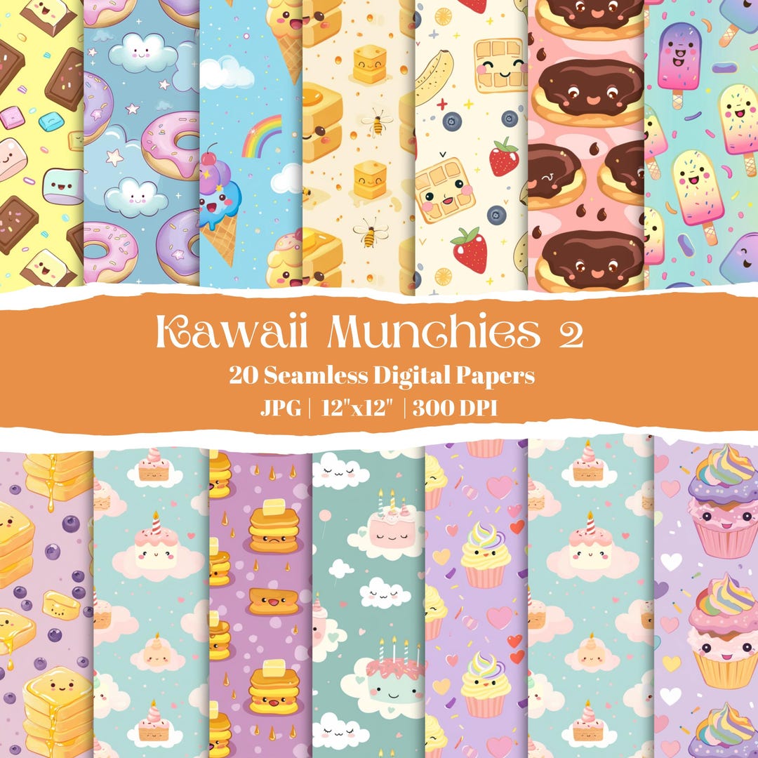 Kawaii Food Digital Papers, Cute Seamless Patterns, Kawaii Junk Journal ...