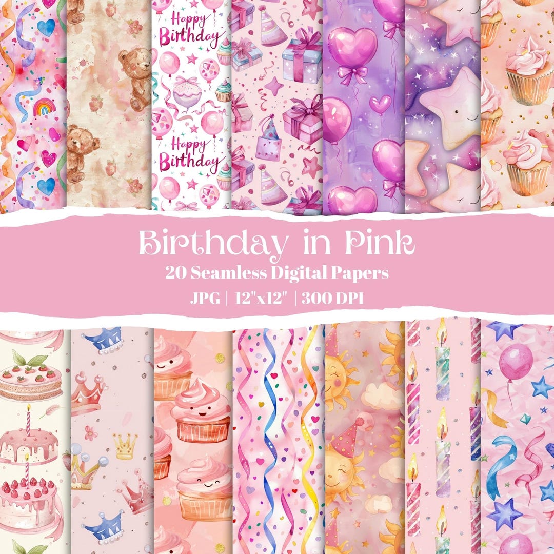 Pink Birthday Digital Paper: Watercolor Party Patterns (digital ...