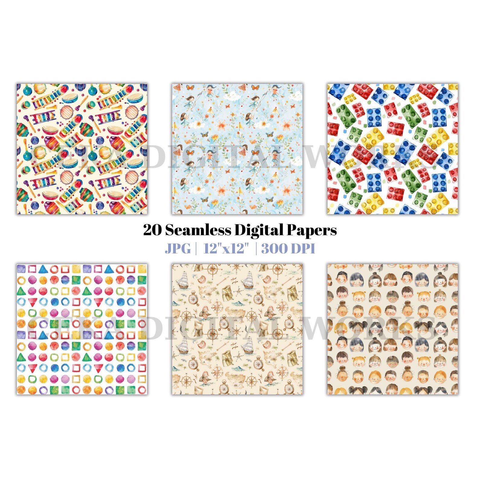 Color Pop Kids Digital Paper Set, Watercolor Seamless Patterns for Kids ...