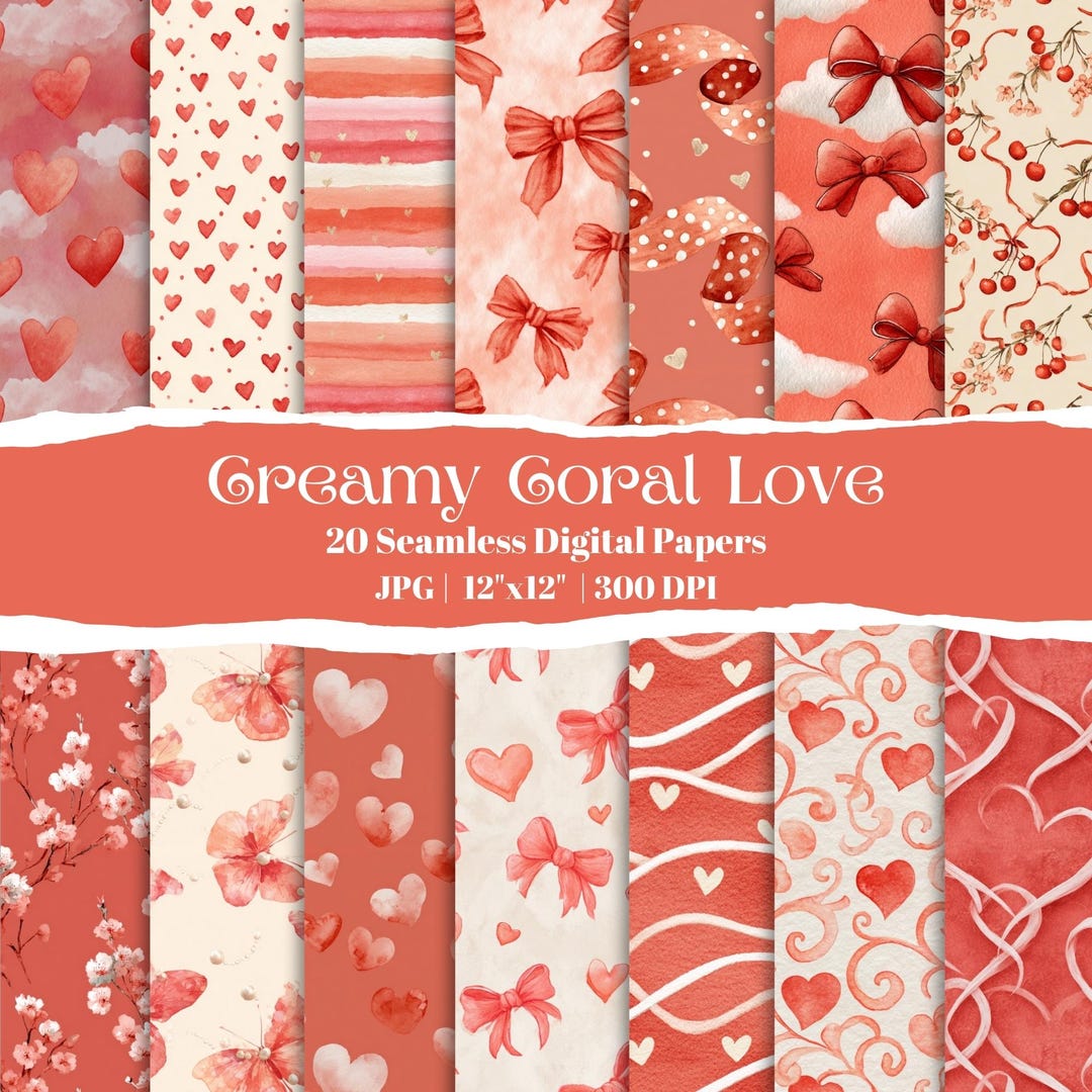 Valentine Digital Paper, Coquette Heart Patterns, Coral Love Seamless ...