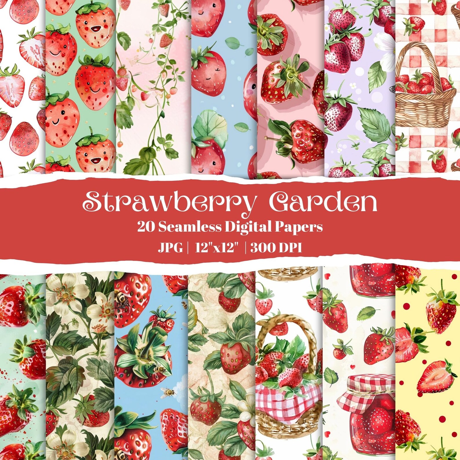 Strawberry Garden Digital Paper, Watercolor Strawberry Seamless ...