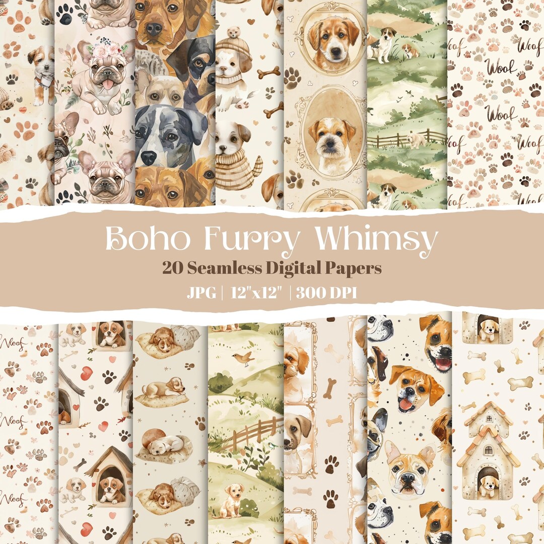 Watercolor Dog Digital Paper Bundle, 20 Seamless Patterns, Puppy ...