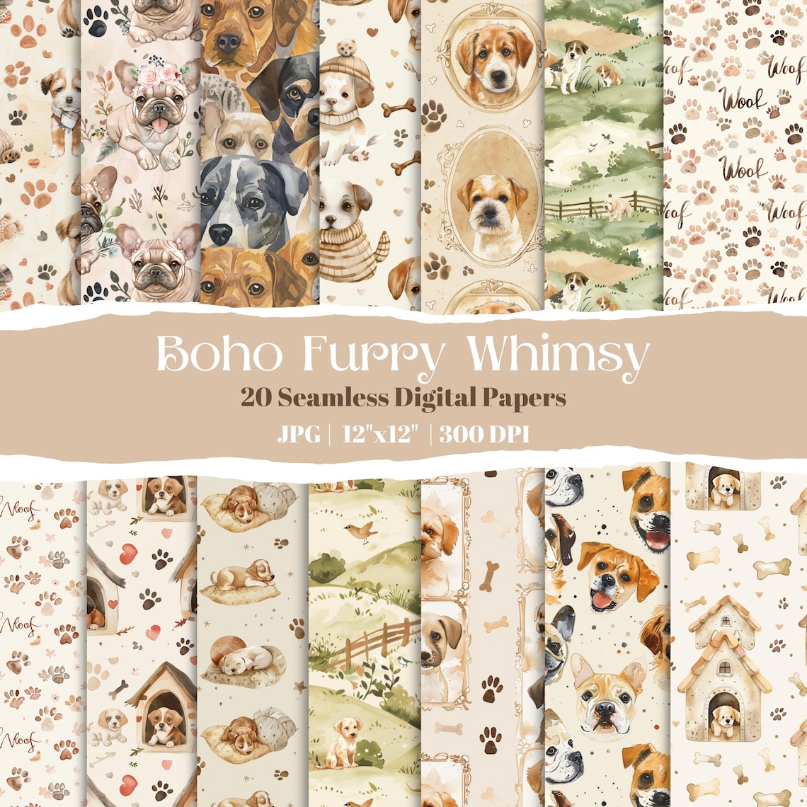 Watercolor Dog Digital Paper Bundle, 20 Seamless Patterns, Puppy ...