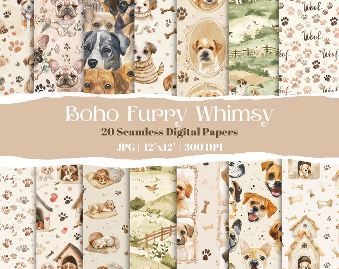 Watercolor Dog Digital Paper Bundle, 20 Seamless Patterns, Puppy ...