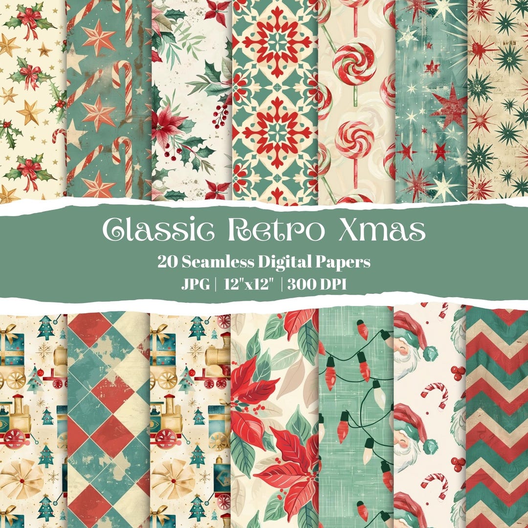 Classic Retro Christmas Digital Paper Pack, 20 Vintage Xmas Seamless ...