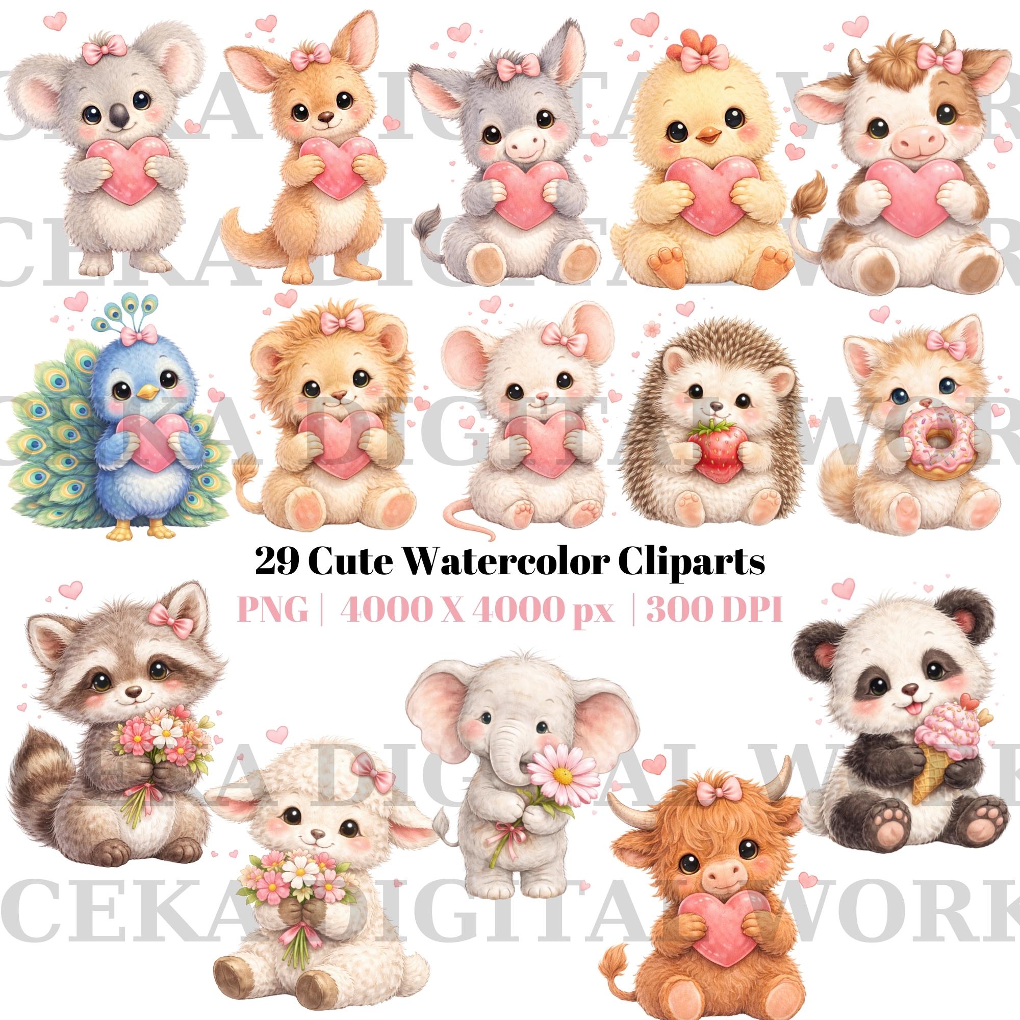 Valentine Animal Clipart Bundle, Watercolor Baby Animals With Hearts ...