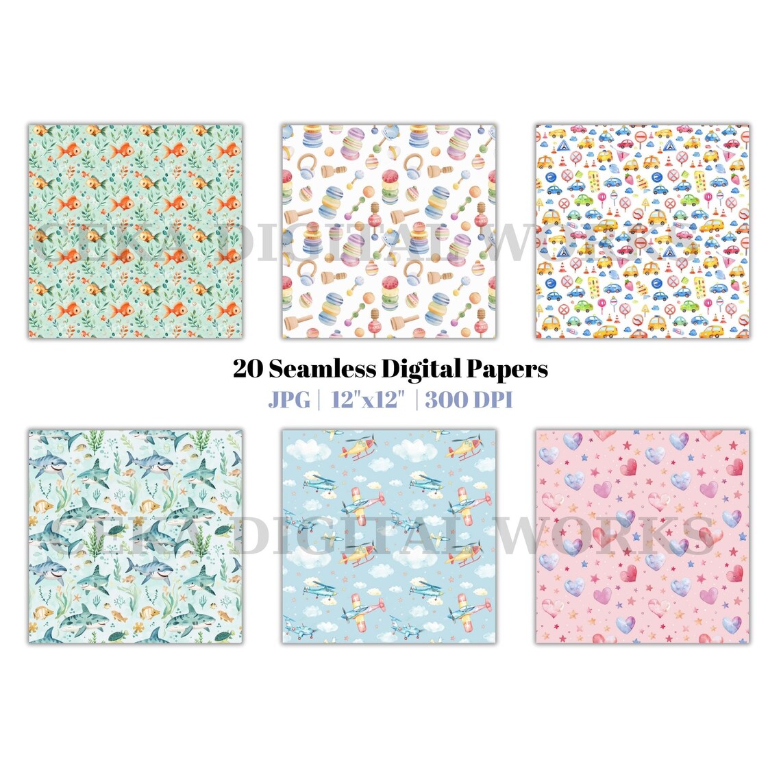 Color Pop Kids Digital Paper Set, Watercolor Seamless Patterns for Kids ...