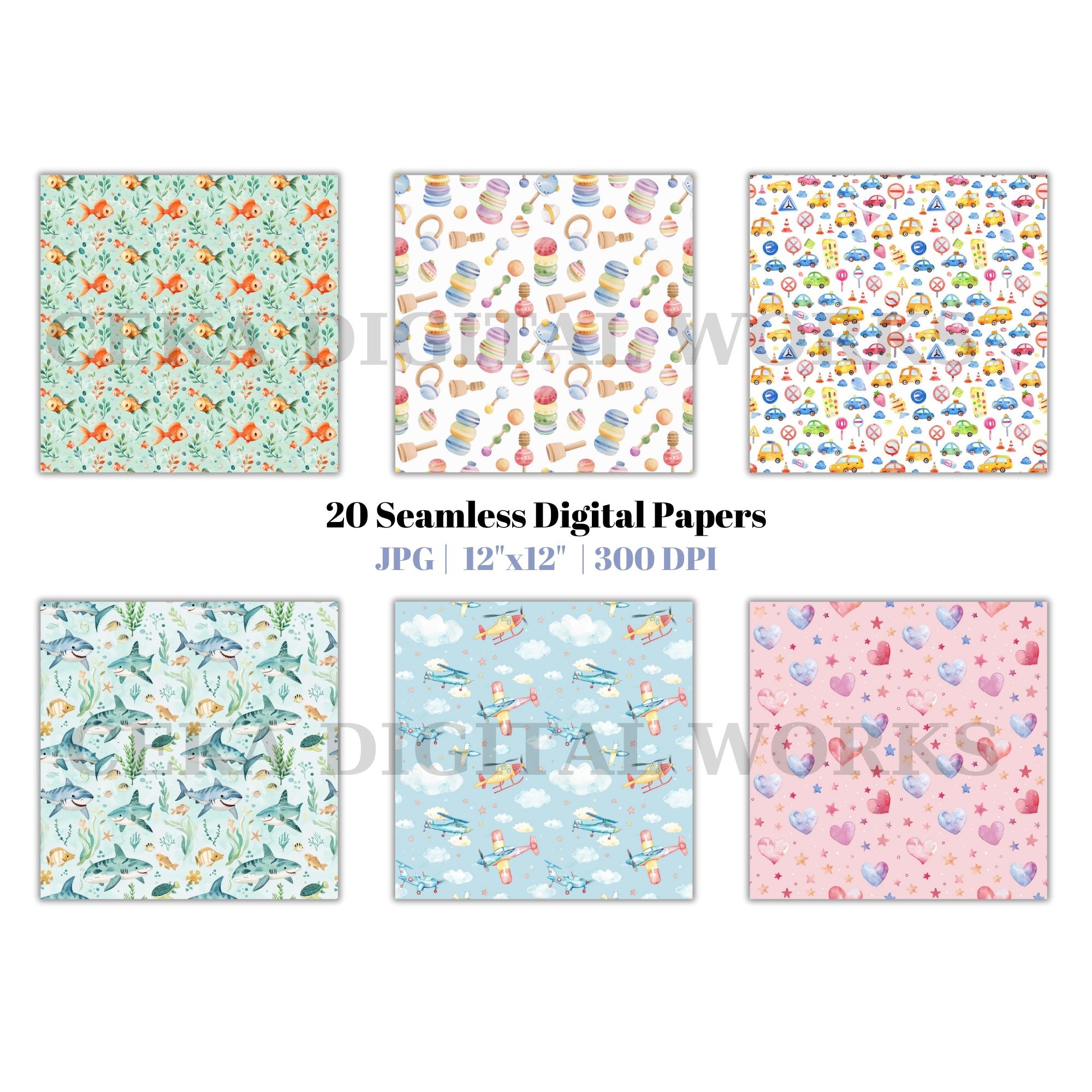 Color Pop Kids Digital Paper Set, Watercolor Seamless Patterns for Kids ...