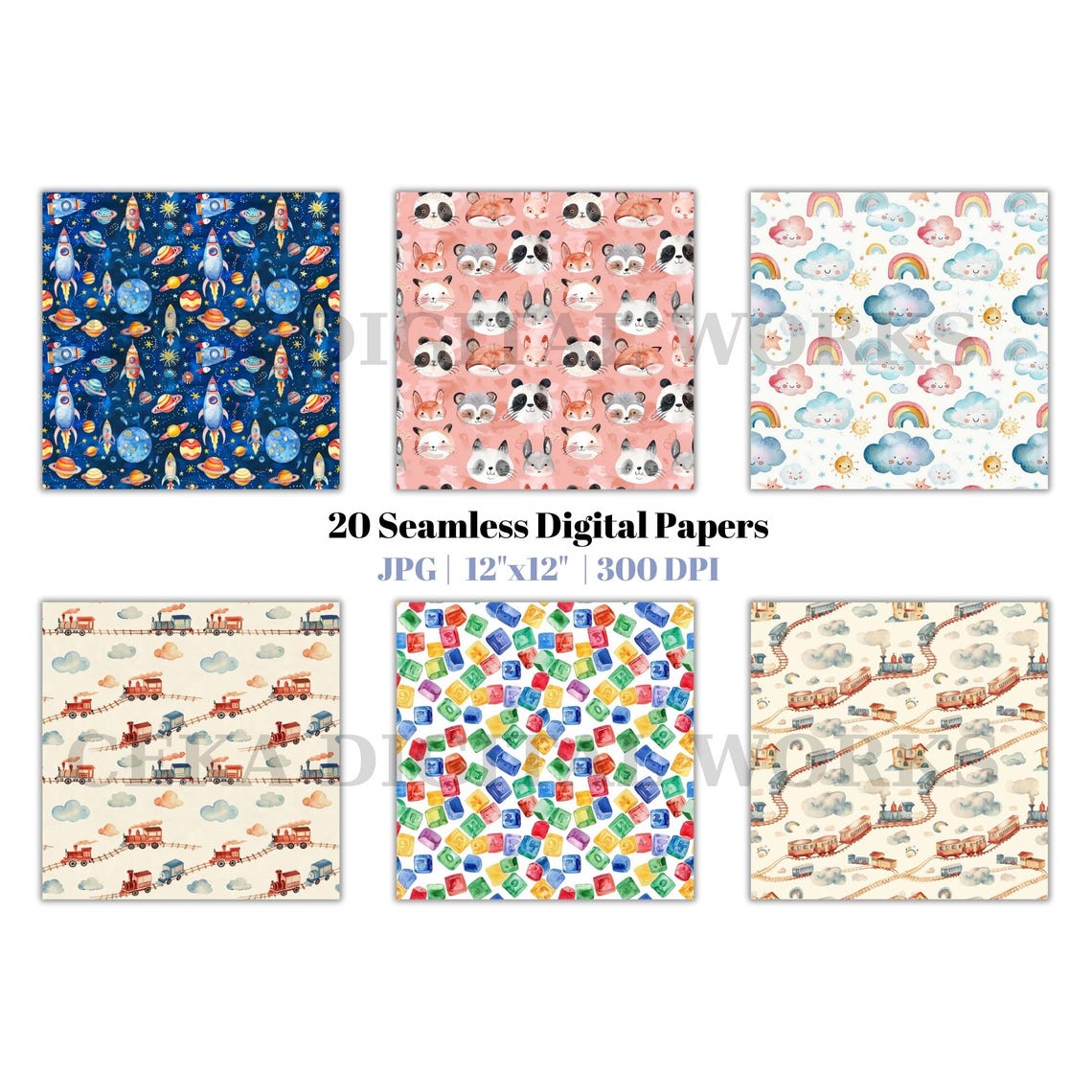 Color Pop Kids Digital Paper Set, Watercolor Seamless Patterns for Kids ...