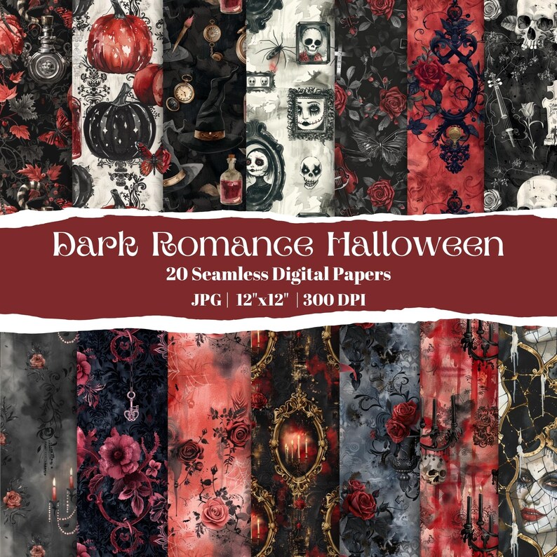 Dark Romance Halloween Digital Paper Pack: Gothic Roses, Skulls ...