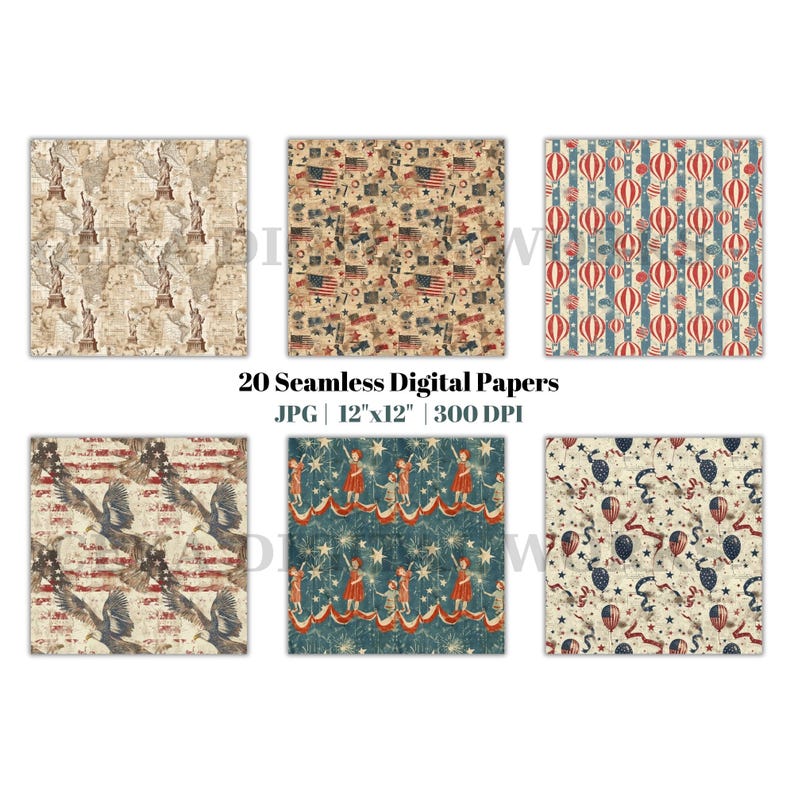 250th Anniversary Vintage Liberty Parade, 20 Seamless Patriotic Digital ...