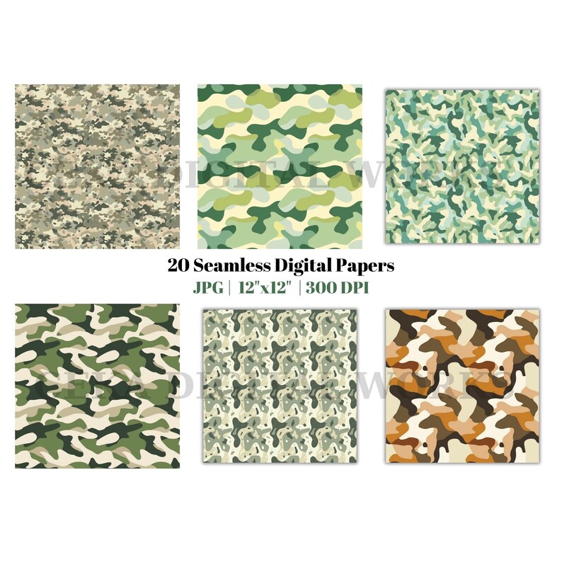 Colorful Camouflage Digital Paper Pack: Seamless Camo Patterns (12x12 ...