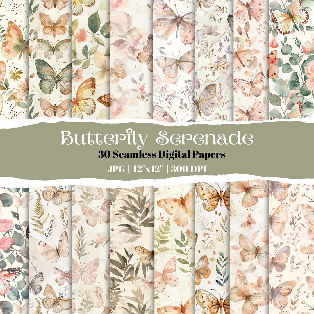 Watercolor Butterfly Digital Paper Pack, Seamless Floral Patterns, 30 ...