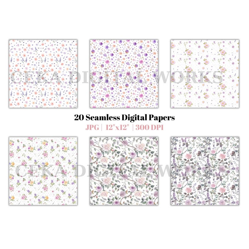 Watercolor Floral Digital Paper Set, Seamless Flower Patterns With Rose ...