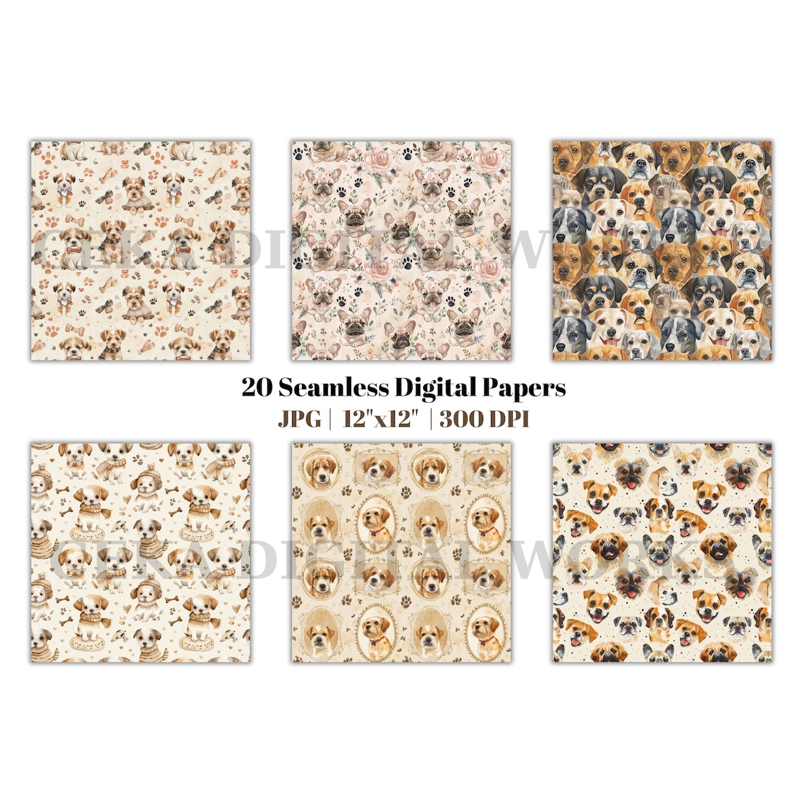 Watercolor Dog Digital Paper Bundle, 20 Seamless Patterns, Puppy ...