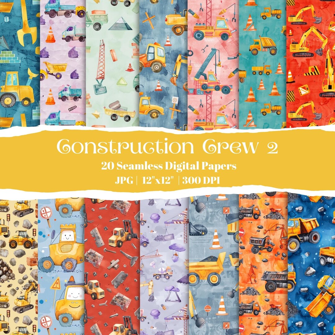 Construction Seamless Digital Paper Set, Watercolor Digger Pattern Pack ...