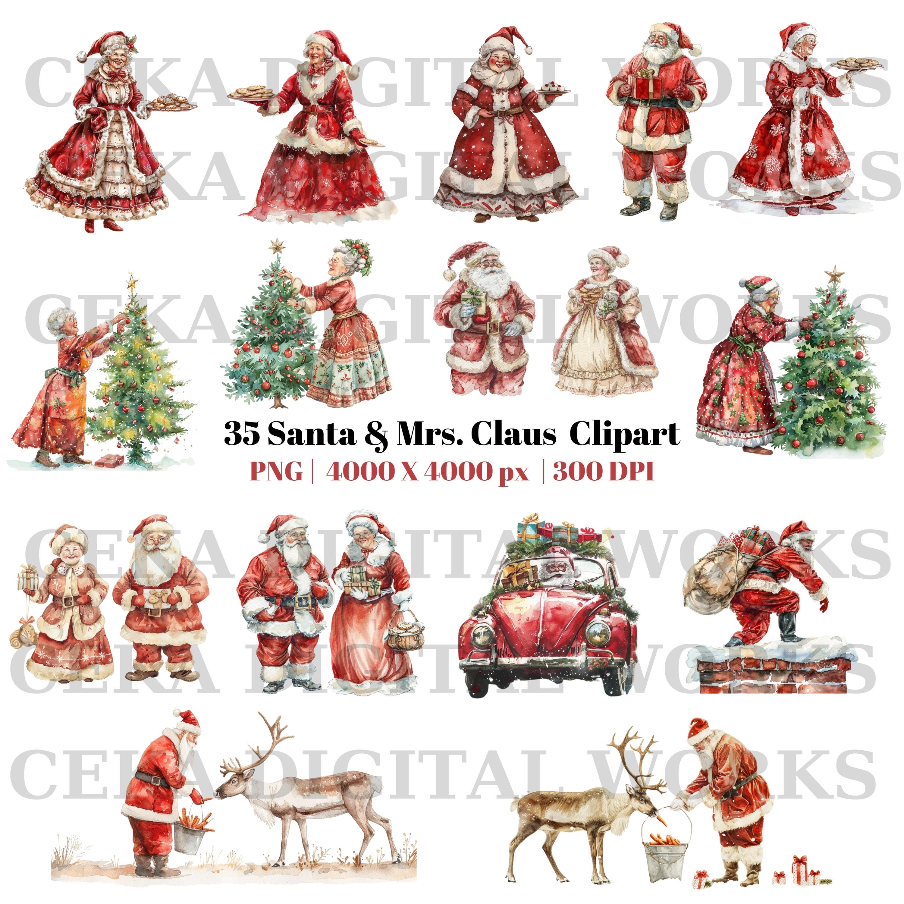 Watercolor Christmas Clipart Bundle: Santa & Mrs. Claus, 35 Vintage ...