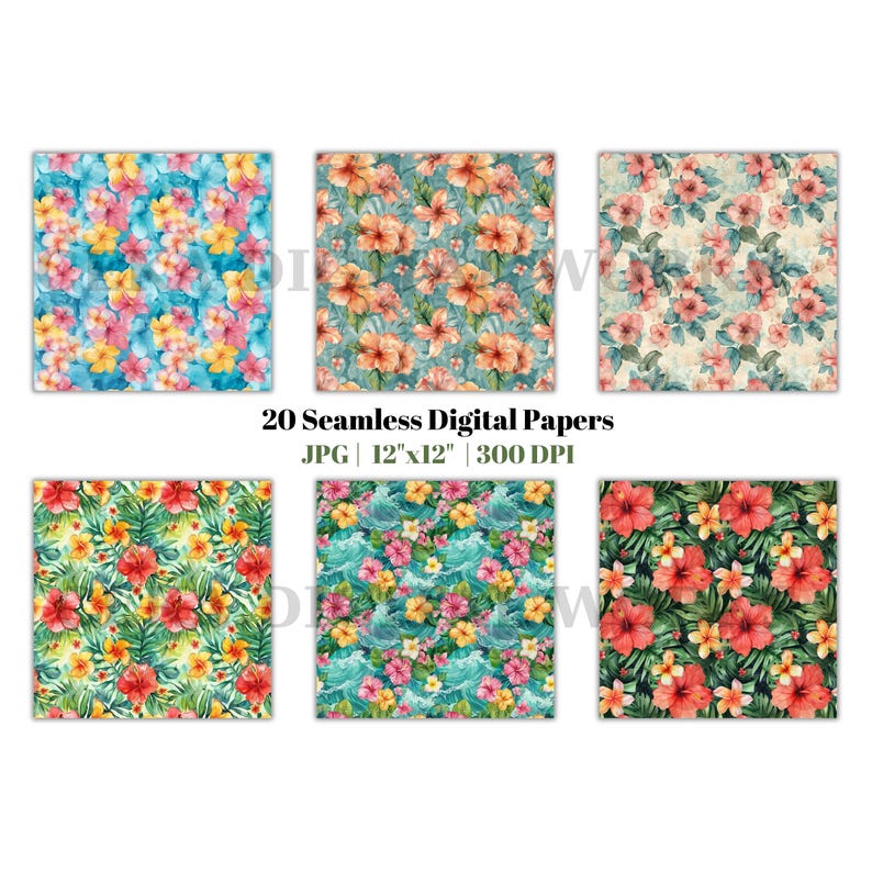 Watercolor Tropical Floral Digital Seamless Paper, Hawaiian Flowers ...