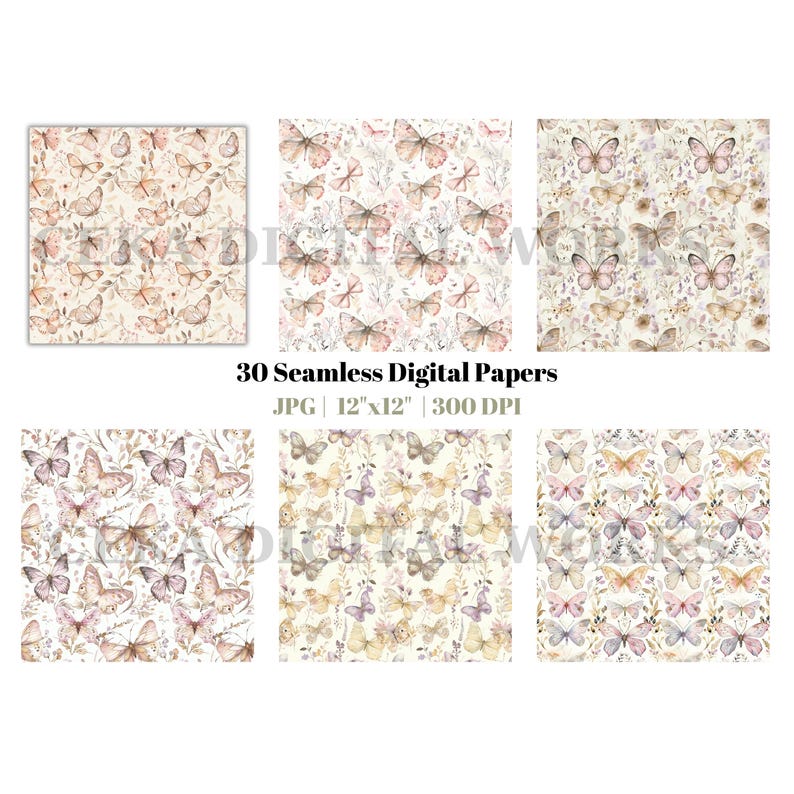 Watercolor Butterfly Digital Paper Pack, Seamless Floral Patterns, 30 ...