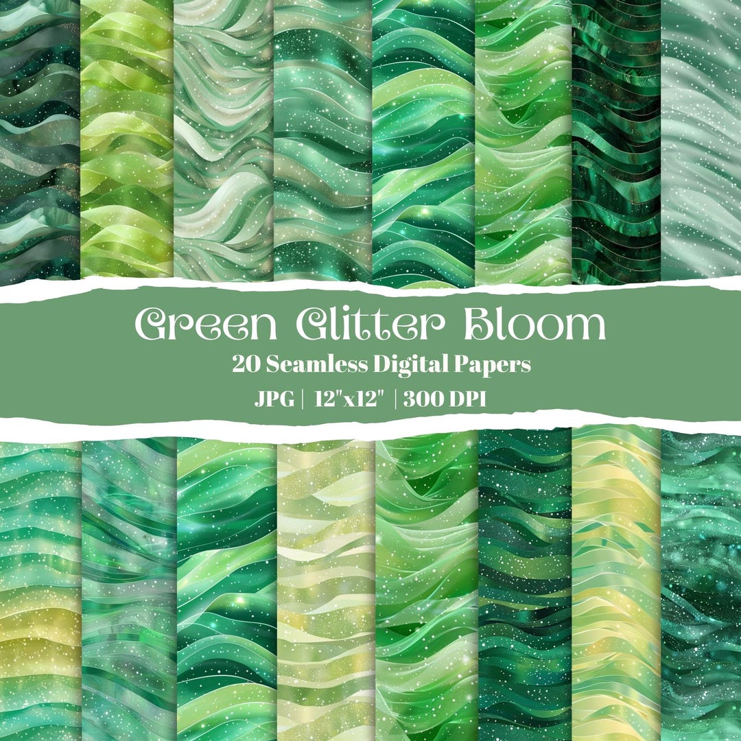 Green Glitter Digital Paper Bundle, 20 Seamless Watercolor Textures ...