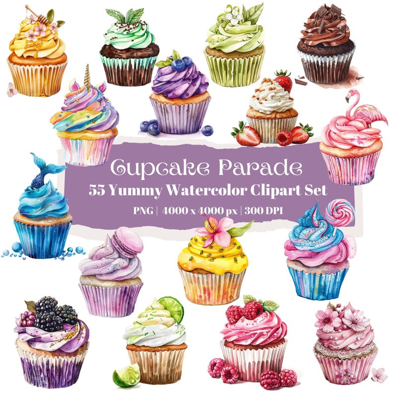 Watercolor Cupcake Clipart Bundle: 55 Dessert Pngs (instant Download ...