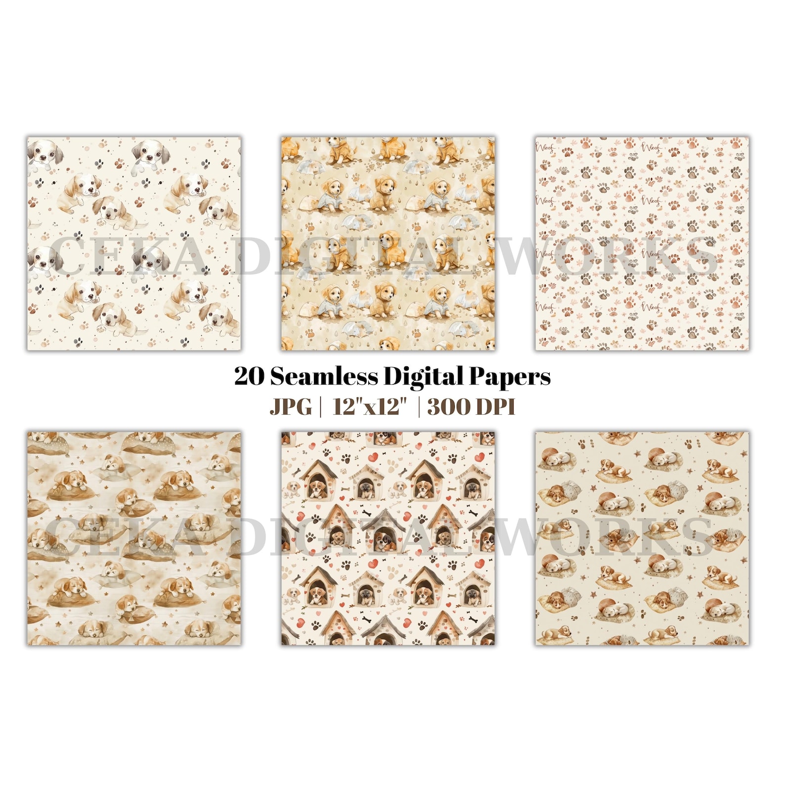 Watercolor Dog Digital Paper Bundle, 20 Seamless Patterns, Puppy ...